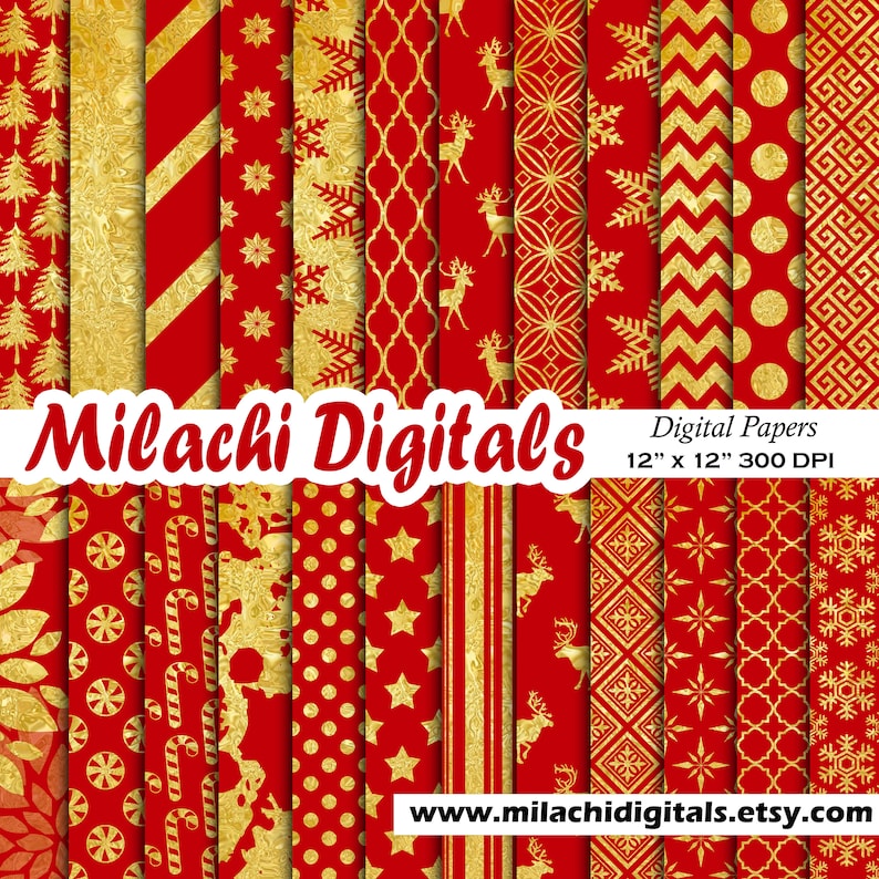Red and Gold Christmas Digital Paper Holiday Scrapbook - Etsy