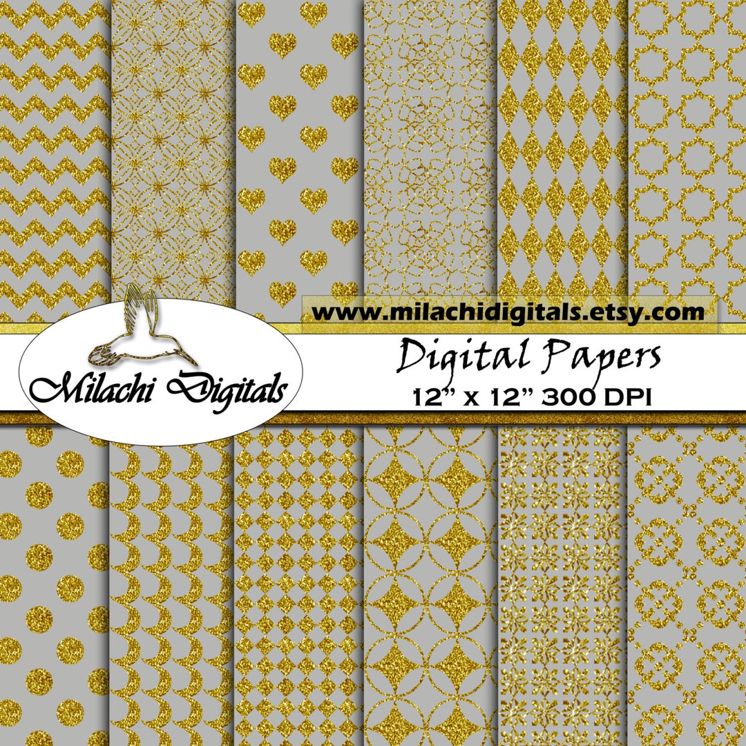 Glitter Gold and Gray Digital Paper, Background, Scrapbook Papers ...