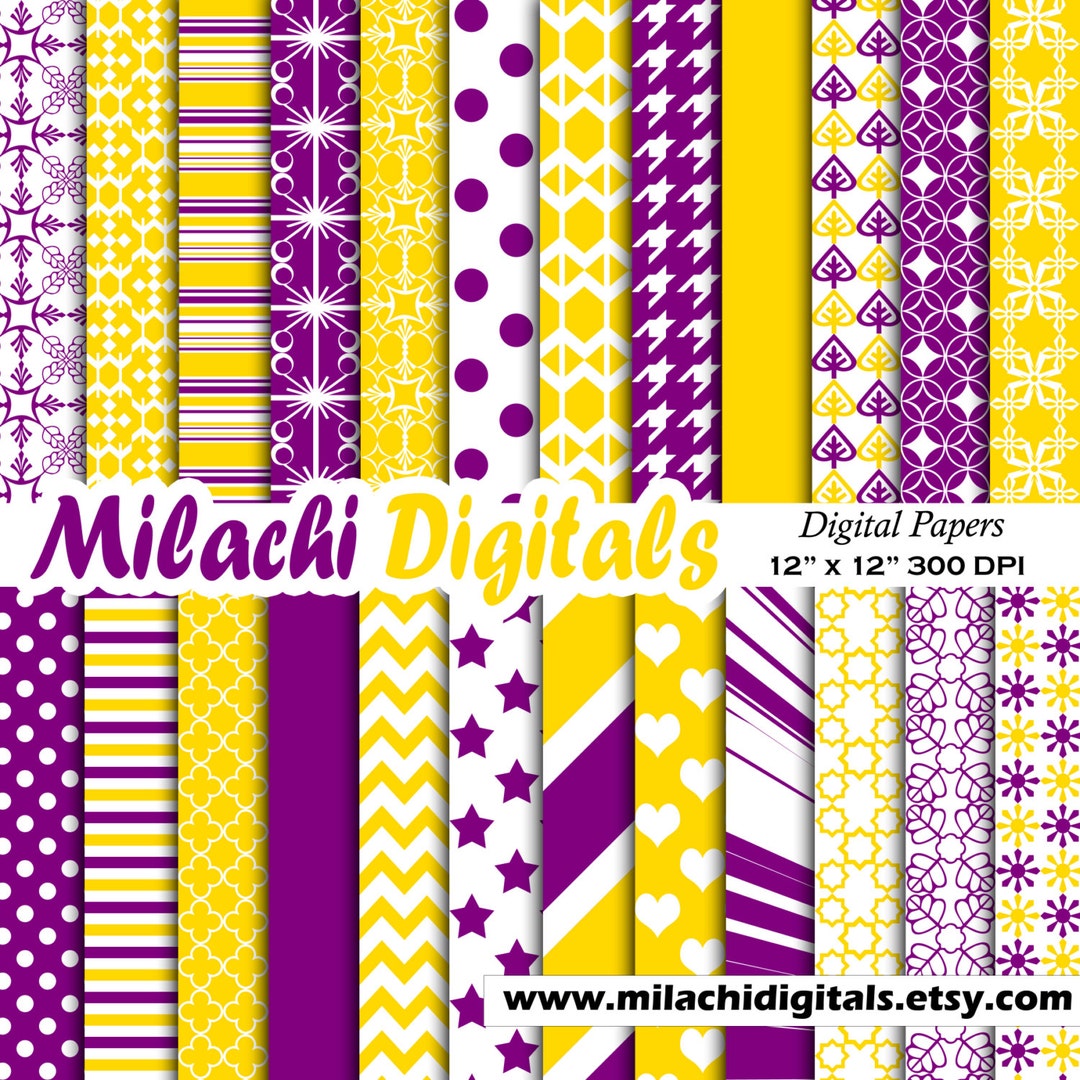 Purple and Yellow Digital Paper, Background, Scrapbook Papers, Stars ...