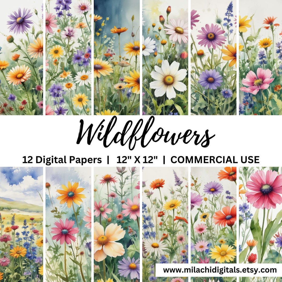 Wildflowers Digital Paper Pack 12"x12", Watercolor Floral Background ...