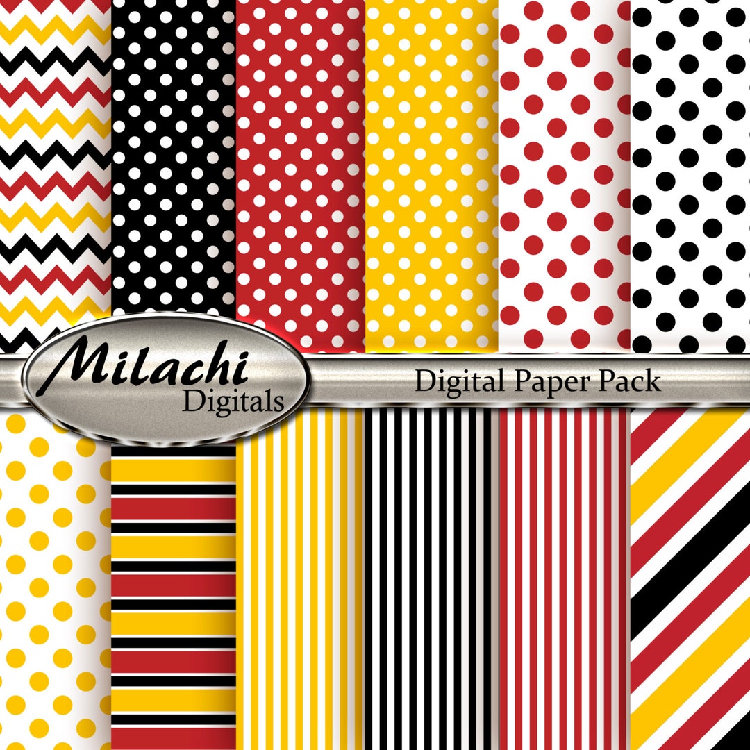 Mickey Mouse Digital Paper, Polka Dots, Stripes, Chevron, Yellow, Red ...