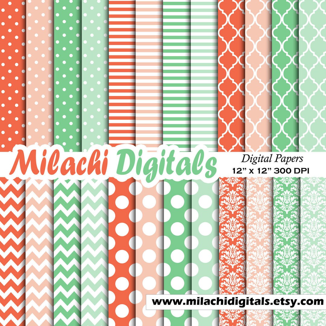 Peach and Mint Digital Paper, Scrapbook Papers, Background, Polka Dots ...