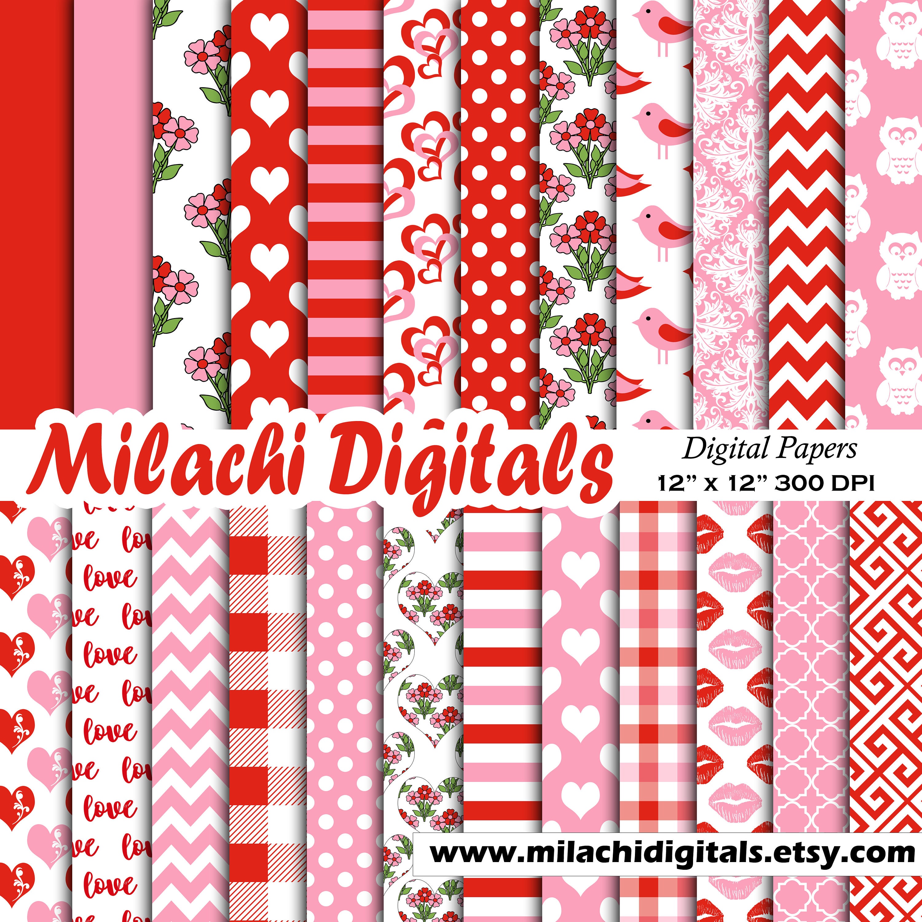Valentine Digital Paper, Valentine's Day Scrapbook Papers, Love Birds ...