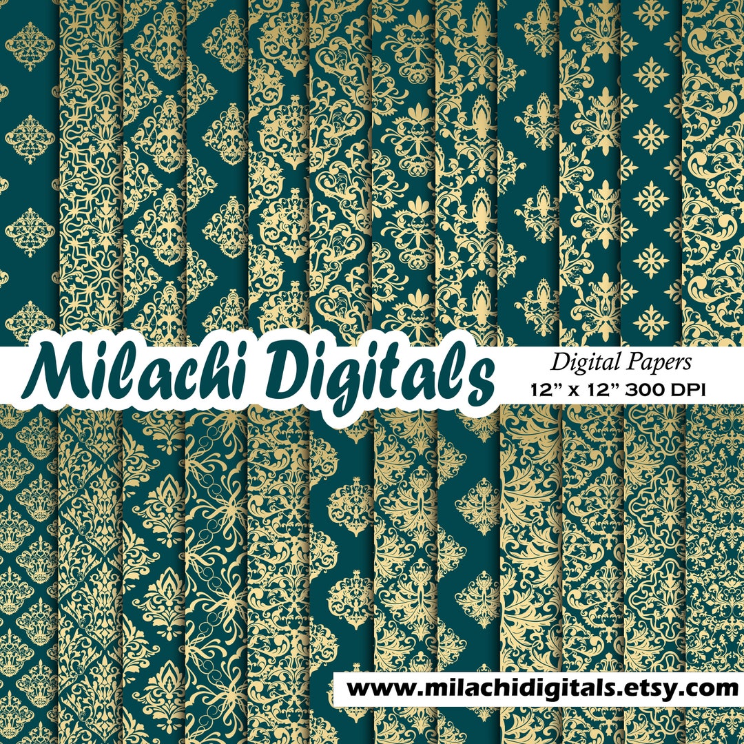 Teal and Gold Damask Digital Paper, Seamless Damask Patterns, Gold ...
