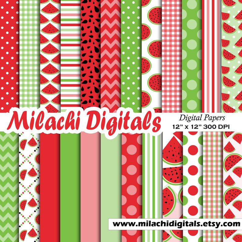 Watermelon Digital Paper, Picnic Scrapbook Papers, Watermelon ...