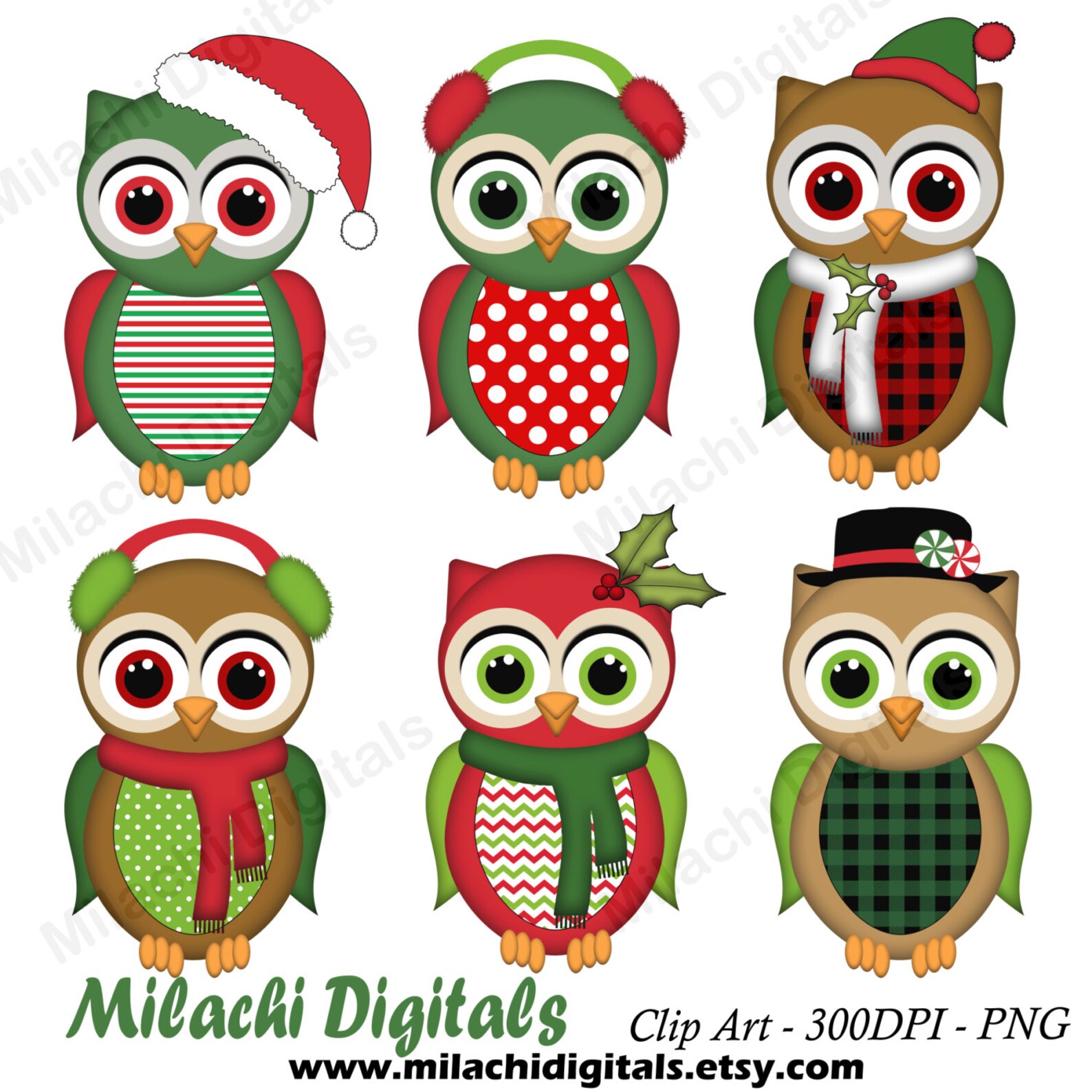 Christmas Owls Clipart Holiday Clipart Vector Graphics - Etsy