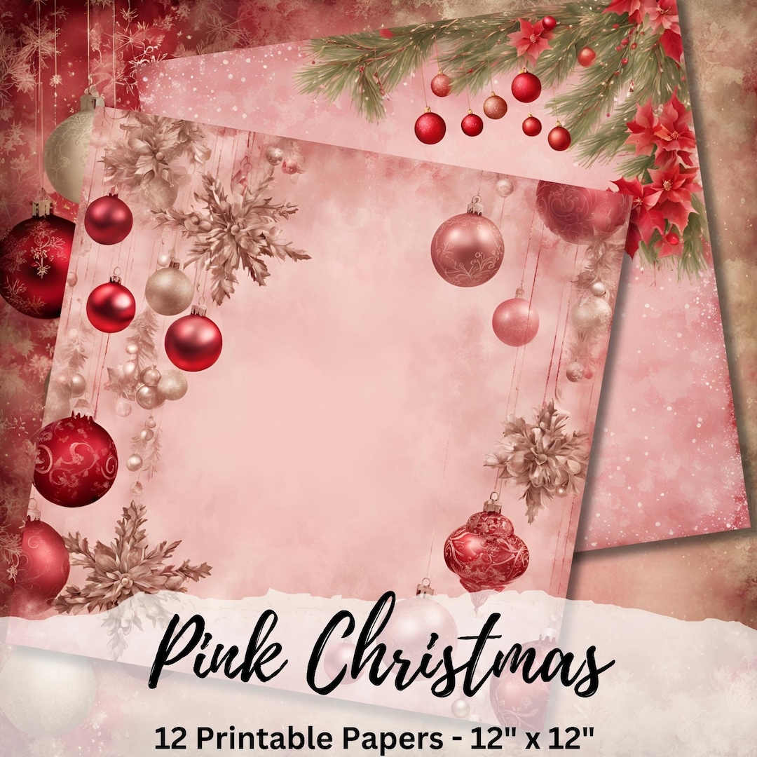 Pink Christmas Digital Paper Pack 12"x12", Printable Scrapbook Paper ...