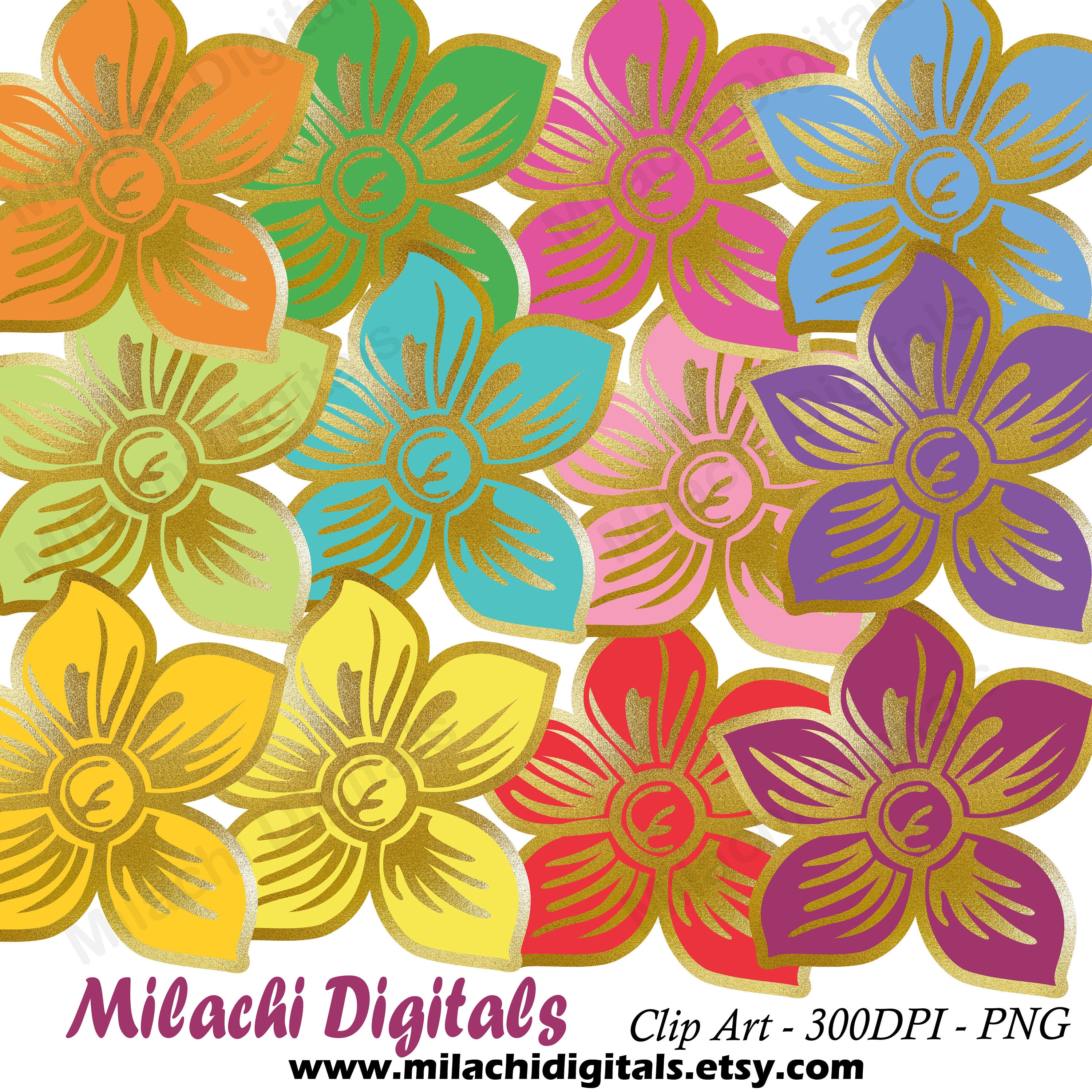Flowers Clipart Floral Clip Art Gold Png Flowers Colorful Printable ...