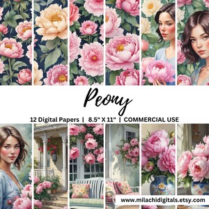 Peony Digital Paper Pack 8.5"x11", Floral Junk Journal Printable Pages ...