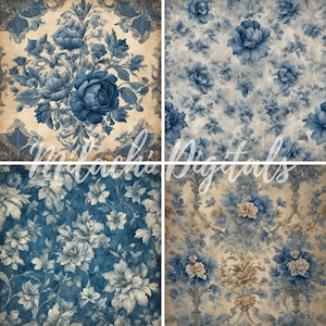 Victorian Blue Florals Digital Paper, Junk Journal Pages, Distressed ...