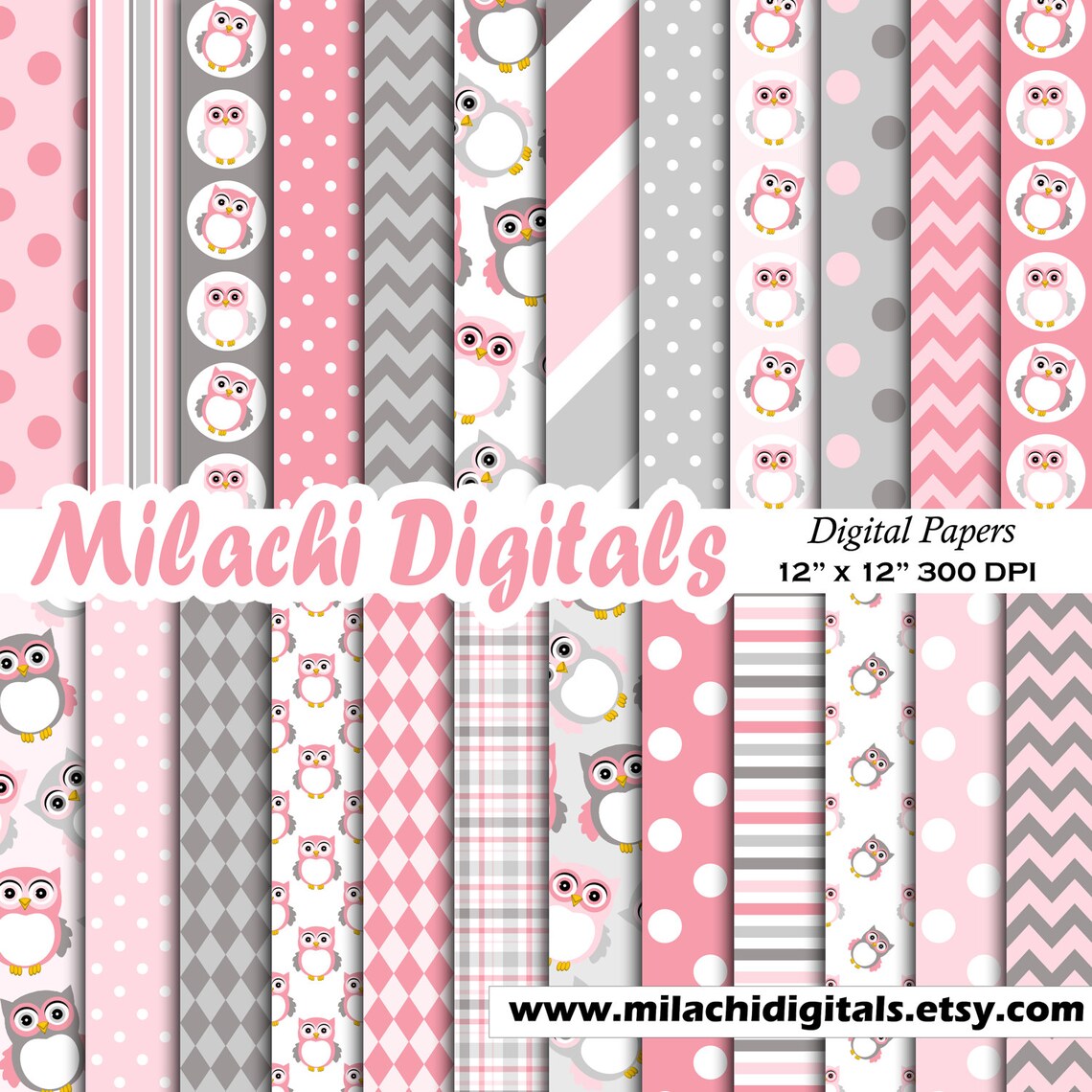 Owls Digital Paper Pink and Gray Scrapbook Papers Owl | Etsy
