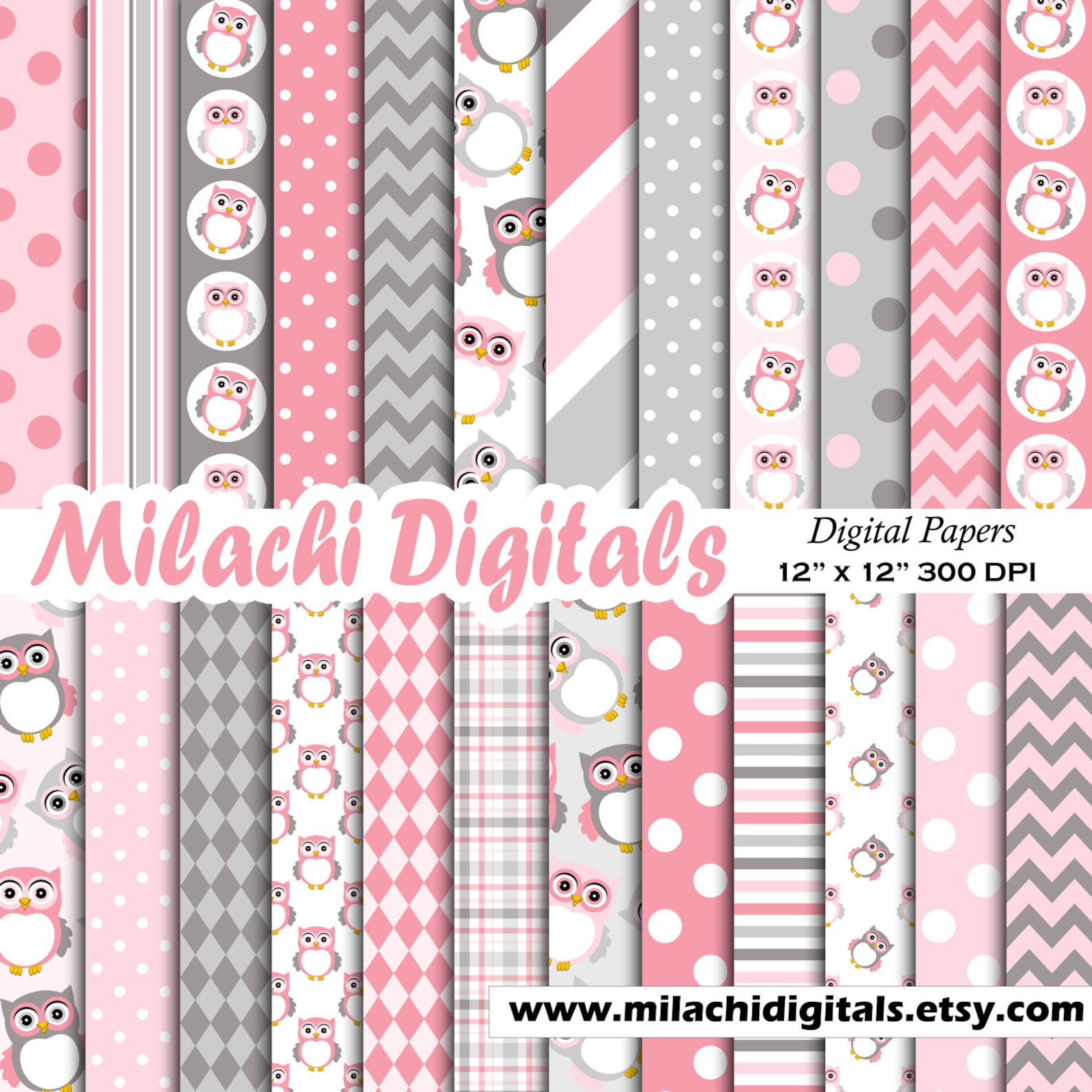 Owls Digital Paper, Pink and Gray Scrapbook Papers, Owl Wallpaper, Owls ...