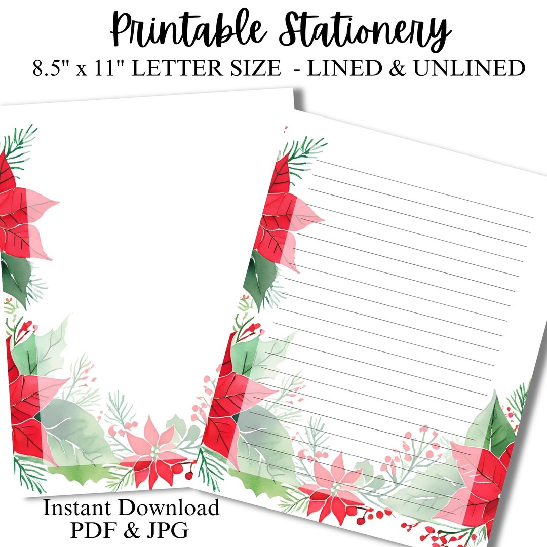 Printable Writing Paper Christmas Poinsettia Stationery, Digital Paper ...