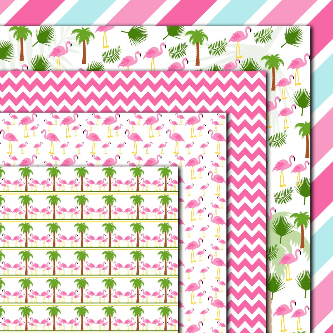 Pink Flamingo Digital Paper, Tropical Scrapbook Papers, Palm Tree ...