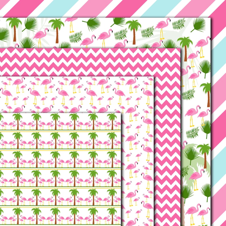 Pink Flamingo Digital Paper, Tropical Scrapbook Papers, Palm Tree ...