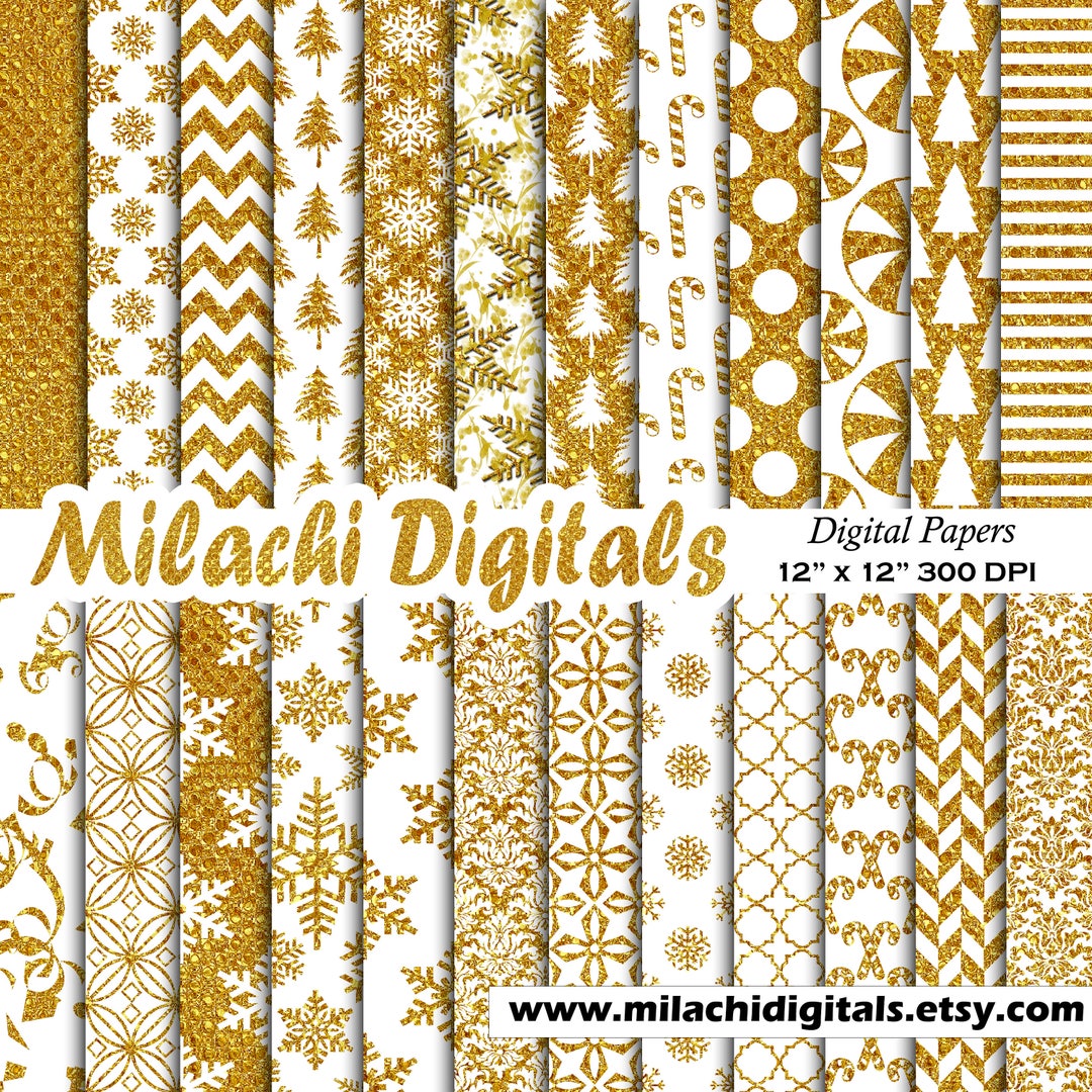 White and Gold Christmas Digital Paper, Holiday Scrapbook Papers ...