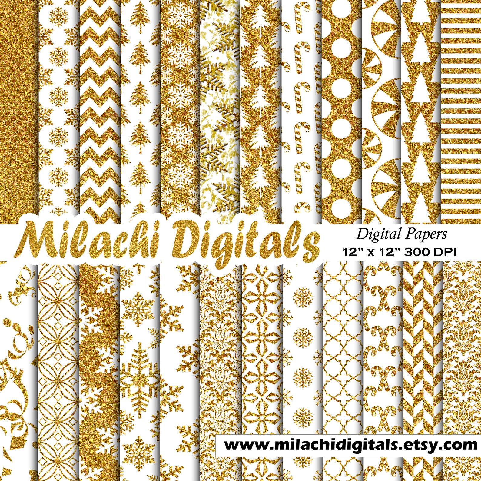 White and Gold Christmas Digital Paper, Holiday Scrapbook Papers ...