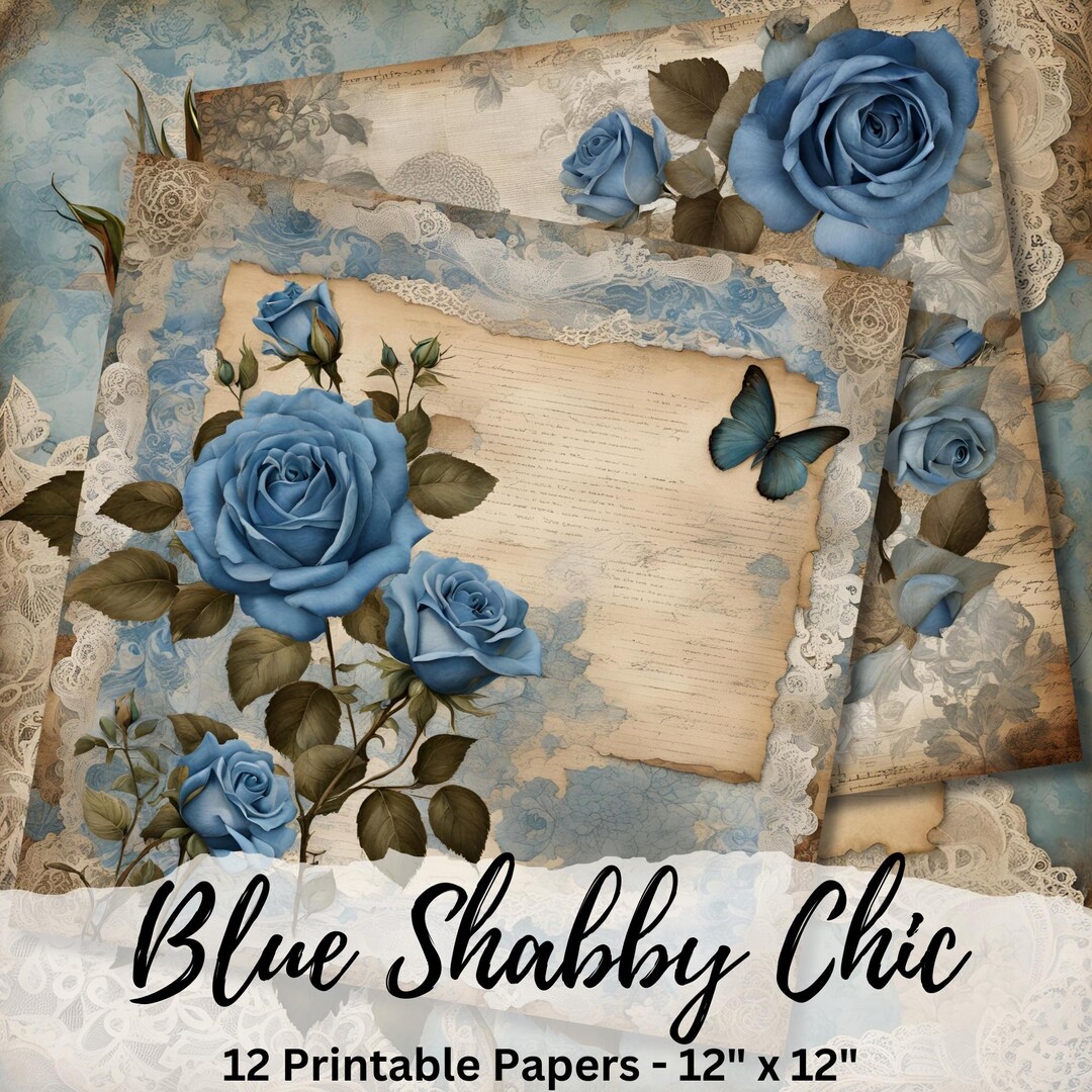 Blue Shabby Chic Digital Paper Pack 12"x12", Floral Background, DIY ...