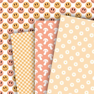 Groovy Retro Digital Paper Pack, Scrapbook Papers, Happy Face Seamless ...