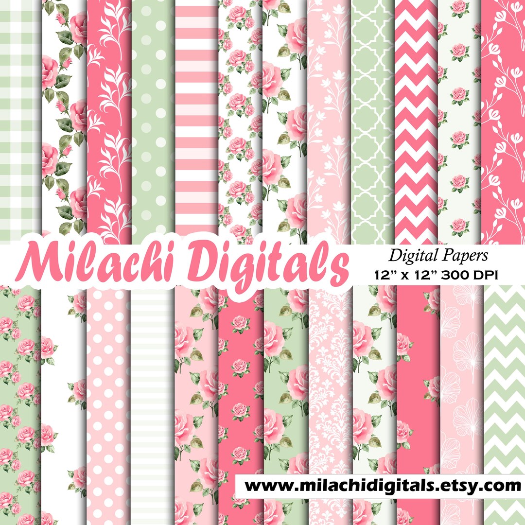 Pink Roses Digital Paper, Seamless 12"x12" Scrapbook Paper, Junk ...