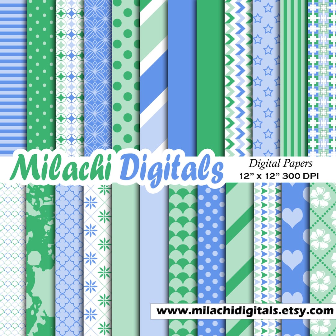 Blue and Green Digital Paper, Polka Dots, Stars, Hearts, Stripes ...