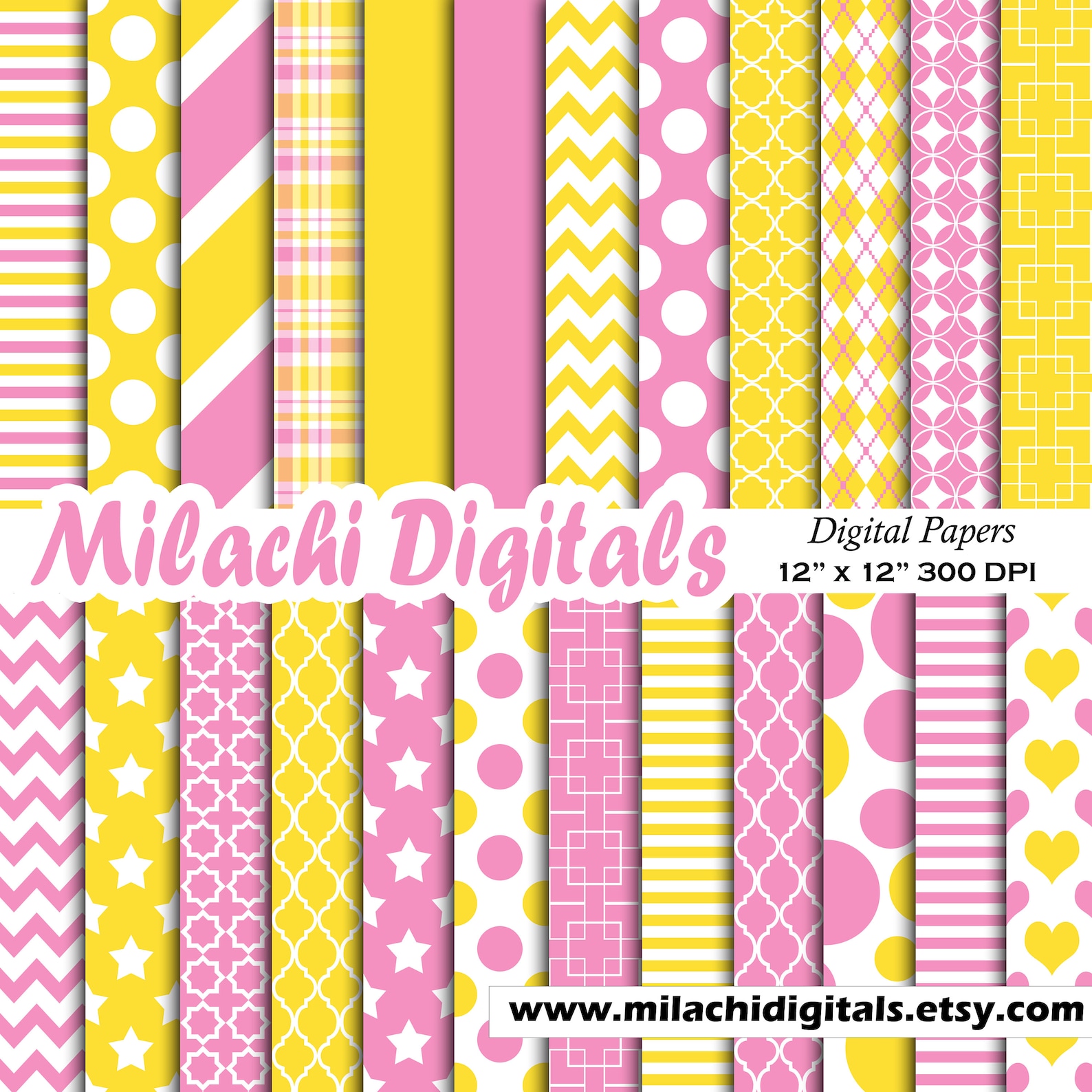 Yellow and Pink Digital Paper, Patterns, Scrapbook Papers, Wallpaper ...