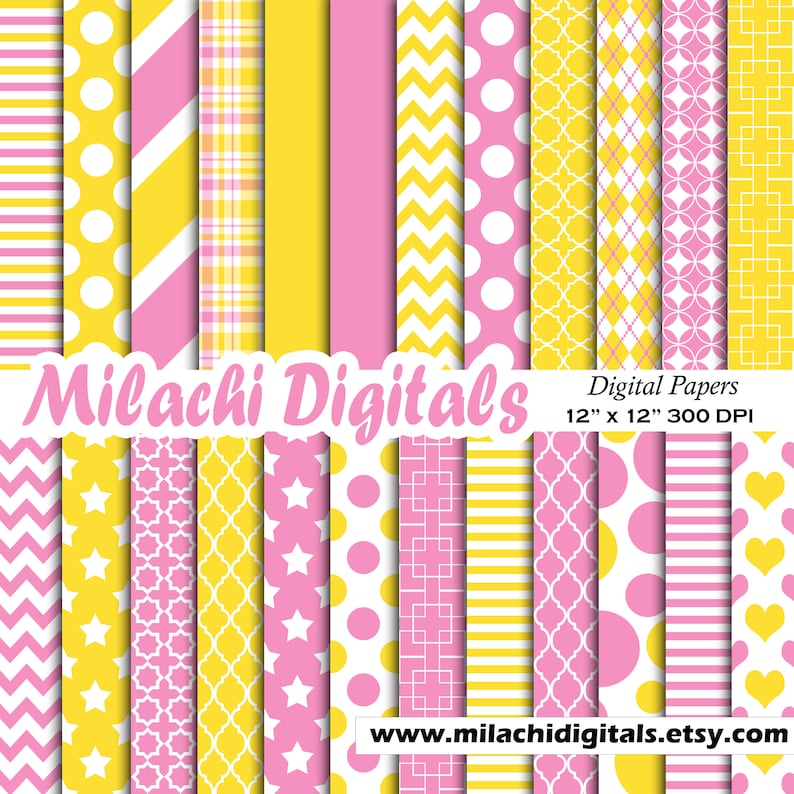 Yellow and Pink Digital Paper Patterns Scrapbook Papers | Etsy