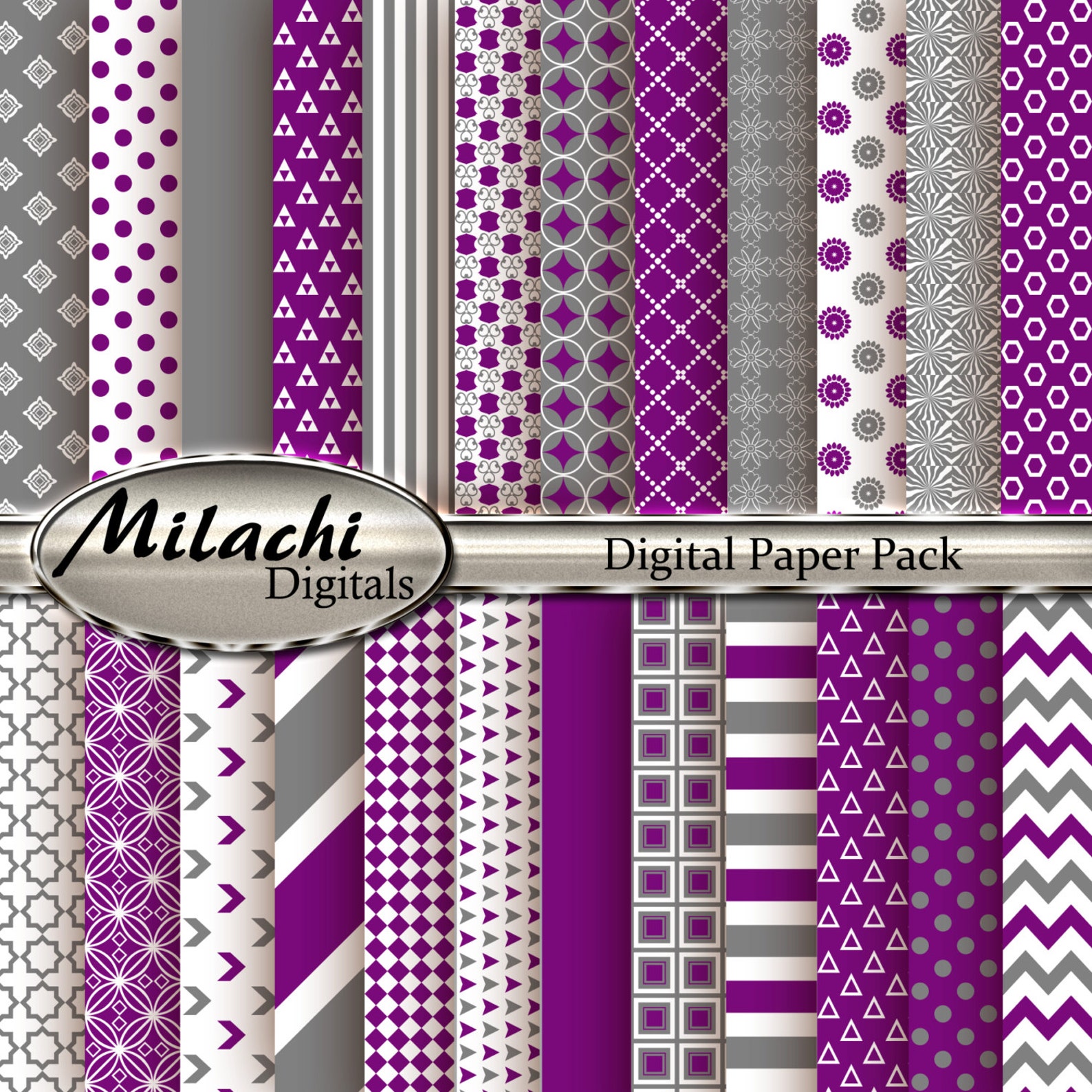 Purple Gray Digital Paper Pack, Scrapbook Papers, Commercial Use ...