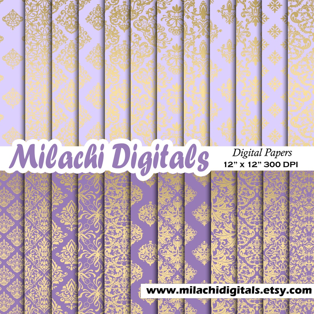 Lavender and Gold Damask Digital Paper, Seamless Gold Patterns, Purple ...