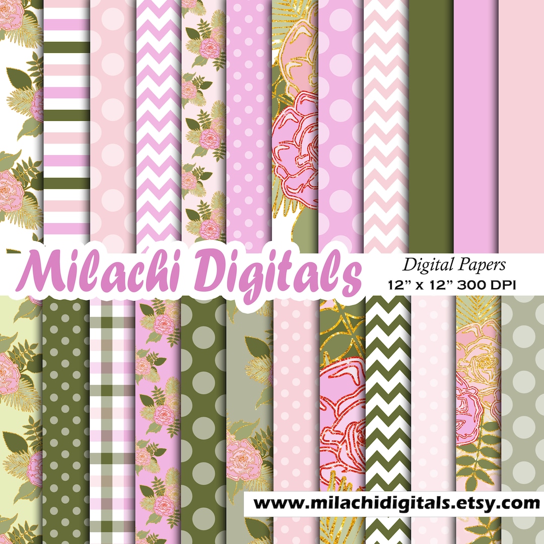 Pink and Gold Floral Digital Paper, Floral Papers, Printable Scrapbook ...