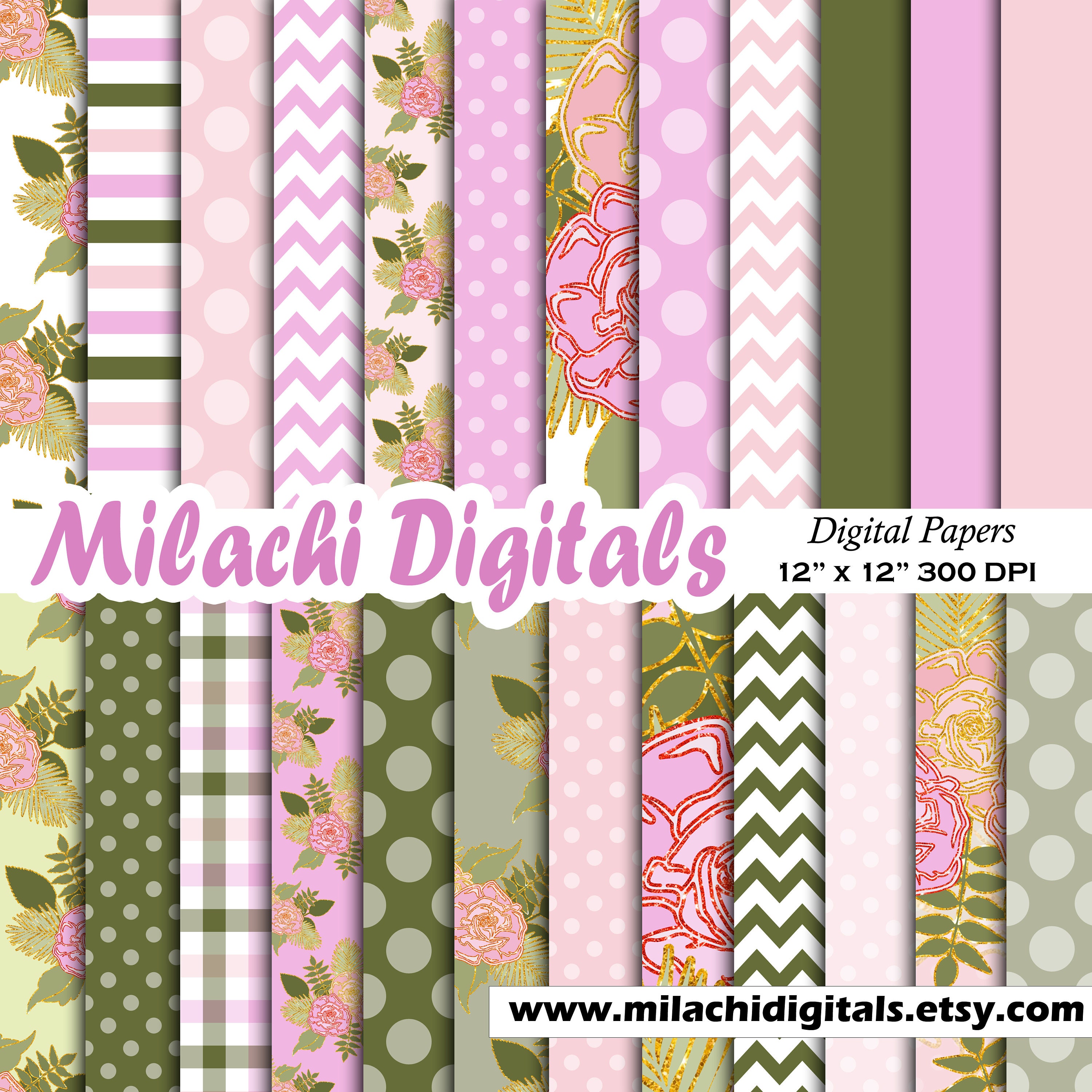 Pink and Gold Floral Digital Paper, Floral Papers, Printable Scrapbook ...