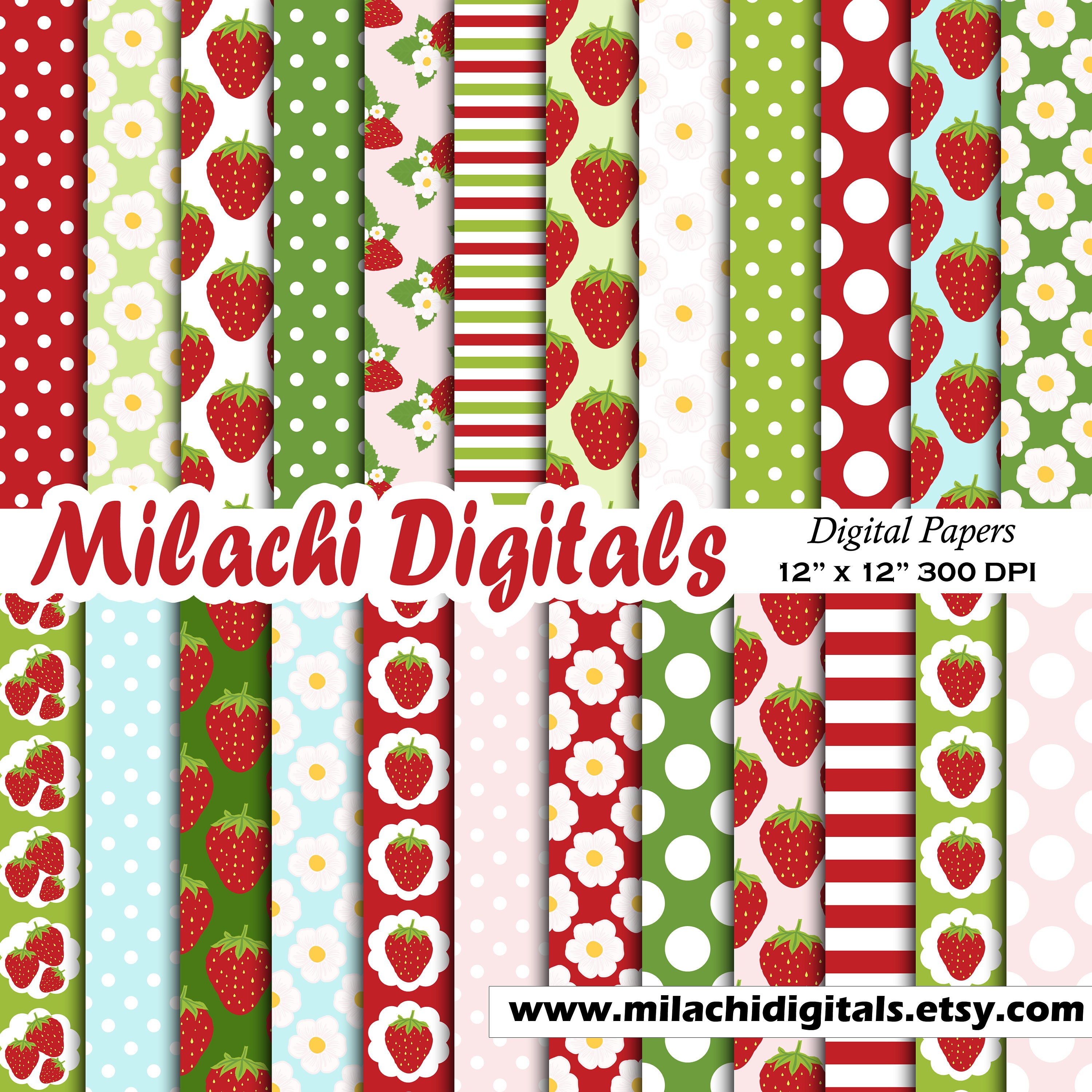 Strawberry Digital Paper Picnic Scrapbook Papers Strawberry Background ...