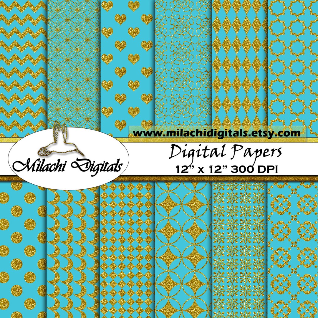 Glitter Gold and Turquoise Digital Paper, Background, Scrapbook Papers ...