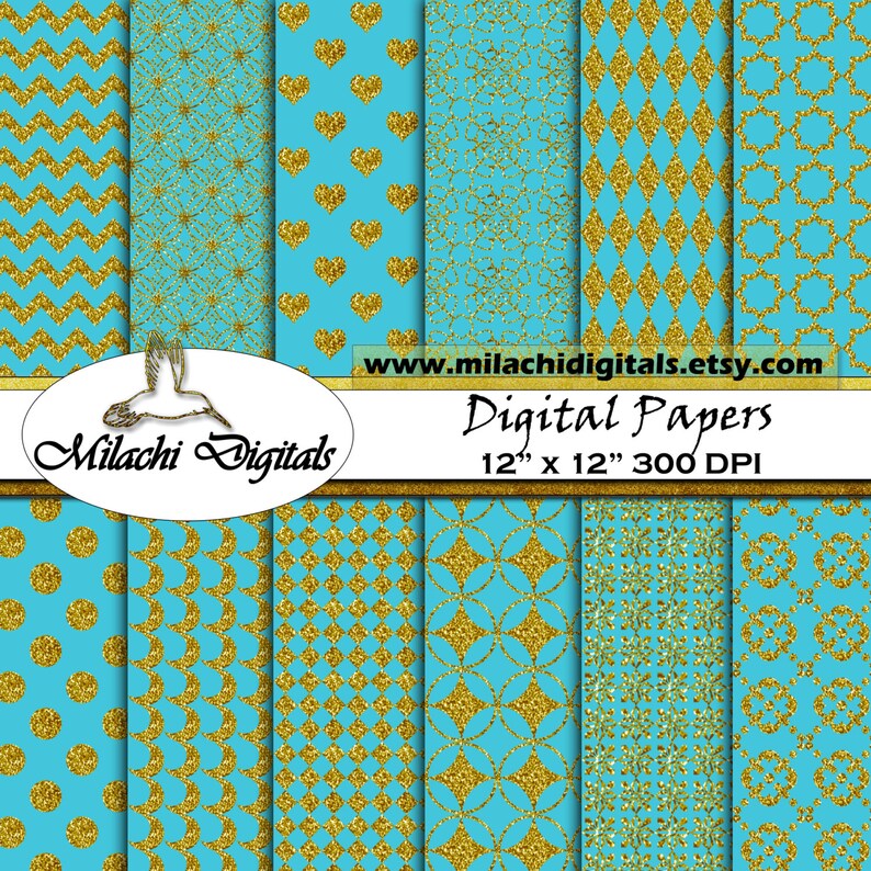 Glitter Gold and Turquoise Digital Paper, Background, Scrapbook Papers ...