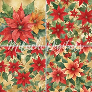 Christmas Poinsettia Digital Paper Pack 12"x12", Floral Background, DIY ...