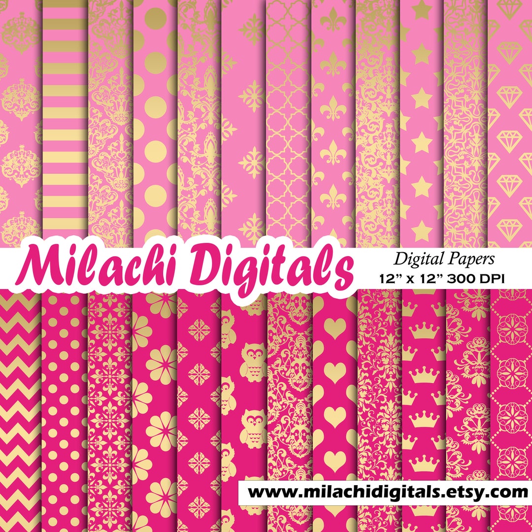 Pink and Gold Digital Paper, Seamless Gold Patterns, Crown, Baby Shower ...