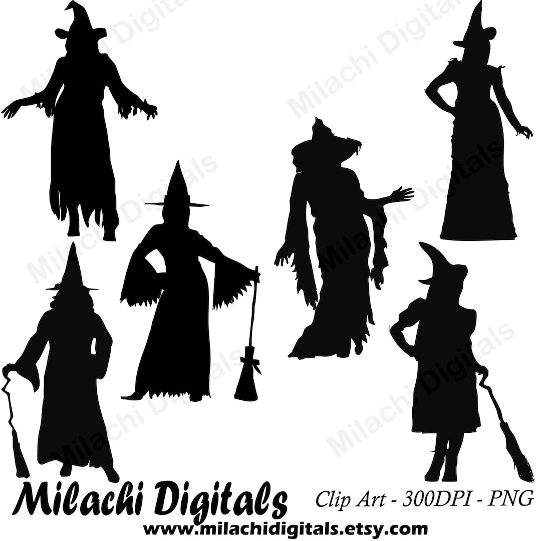 Witch Silhouette Digital Clip Art, Halloween Clipart, Instant Download ...