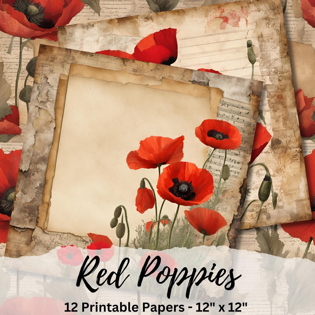 Red Poppies Digital Paper Pack 12"x12", Vintage Background, Red Poppy ...