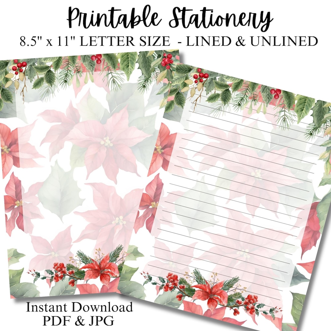 Christmas Poinsettia Printable Writing Paper Stationery, Digital Paper ...