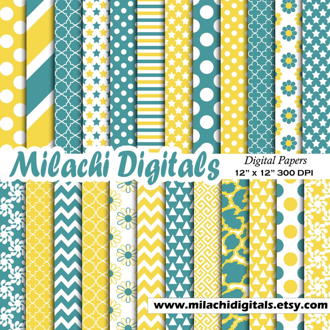 Yellow and Teal Digital Paper, Baby Shower Scrapbook Papers, Chevron ...