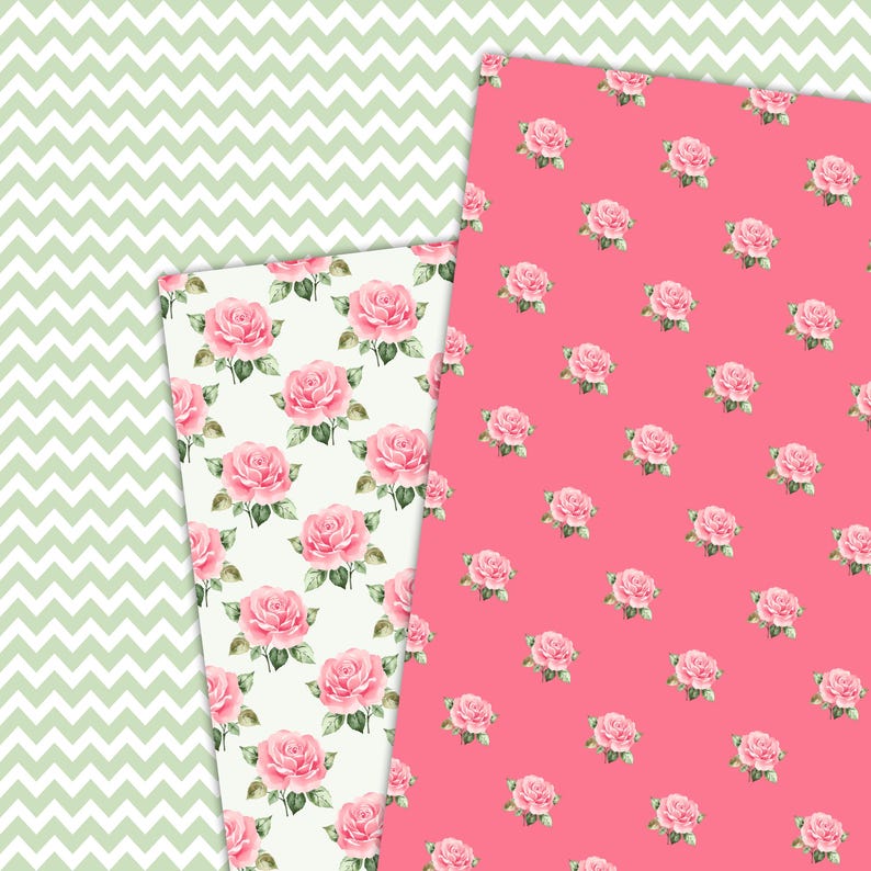 Pink Roses Digital Paper, Seamless 12"x12" Scrapbook Paper, Junk ...