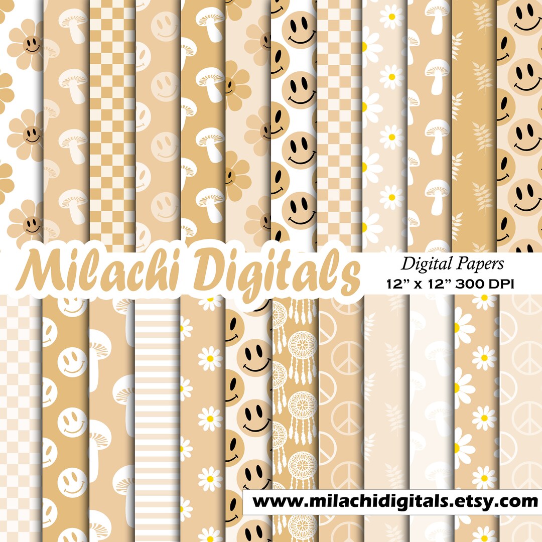 Groovy Retro Digital Paper Pack, Scrapbook Papers, Happy Face Seamless ...