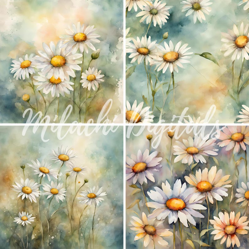 Watercolor Daisy Digital Paper, Floral Backgrounds, Junk Journal Paper ...