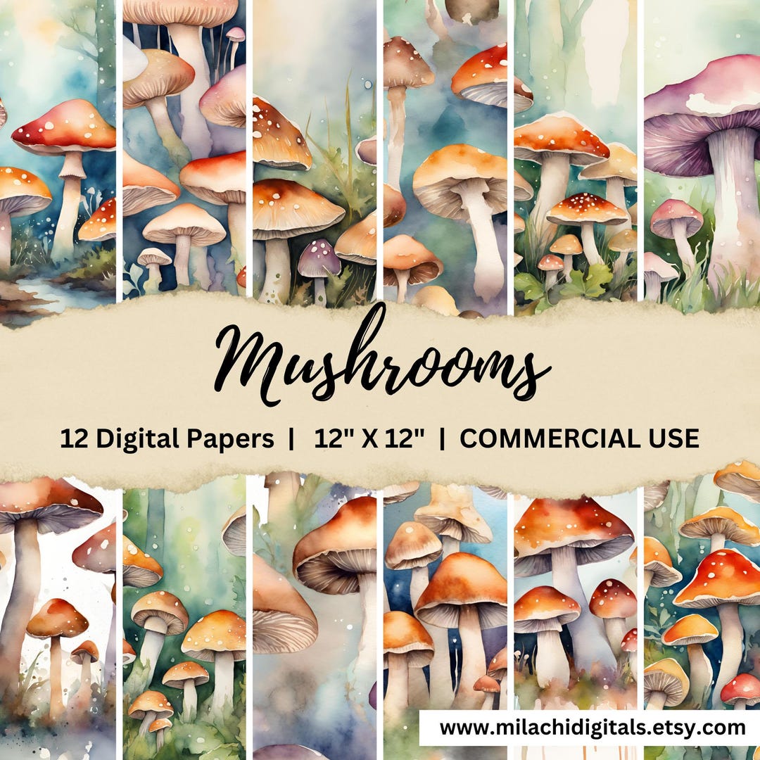 Mushrooms Digital Paper, Watercolor Mushroom Backgrounds, Junk Journal ...