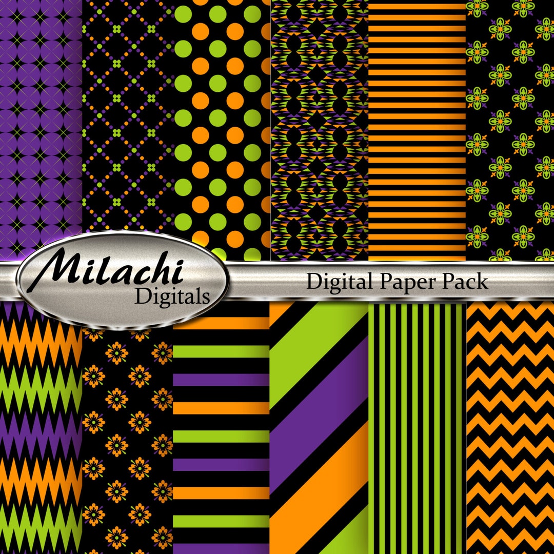 Halloween Digital Paper Pack, Stripes, Polka Dots, Chevron, Orange ...