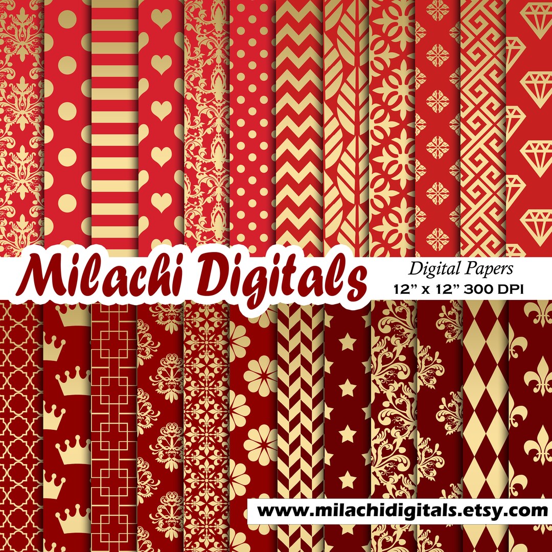 Red and Gold Digital Paper Royal Gold Patterns Luxury Polka Dots Hearts ...