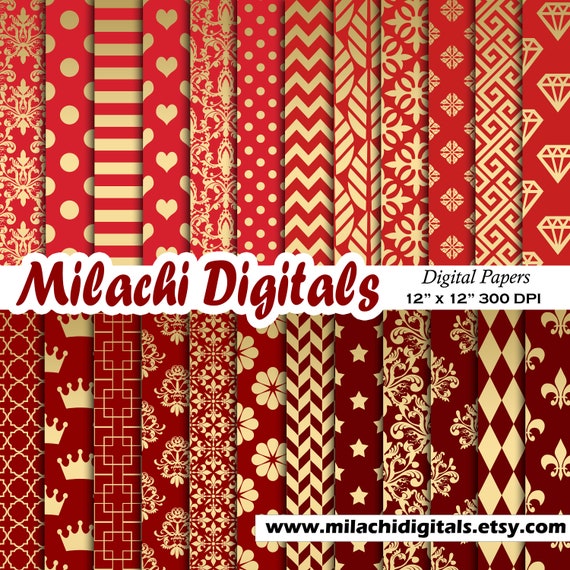 Red and Gold Digital Paper Royal Gold Patterns Luxury Polka - Etsy