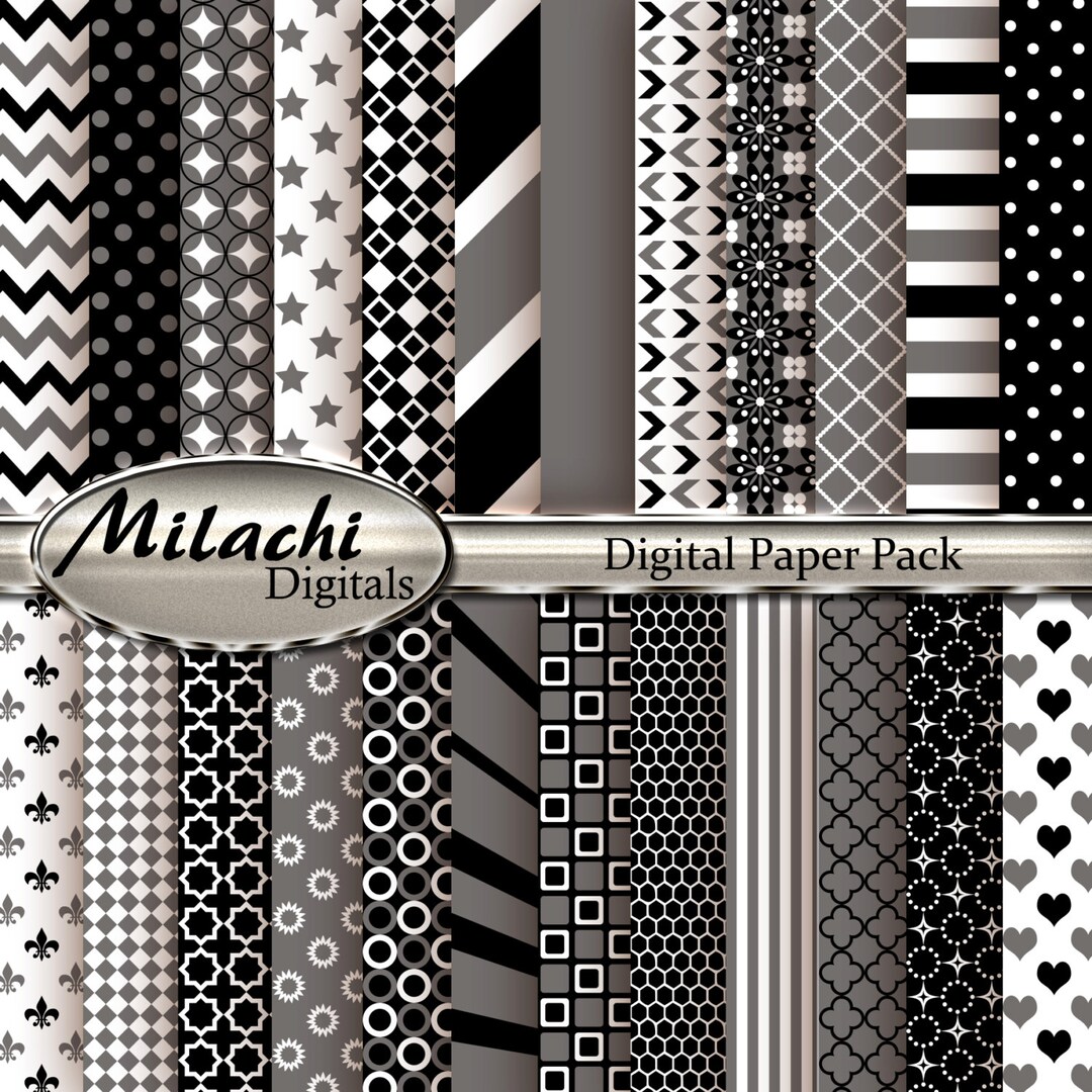 Black and Gray Digital Paper Pack, Scrapbook Papers, Commercial Use ...