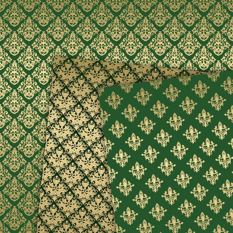 Green and Gold Damask digital paper seamless gold patterns | Etsy