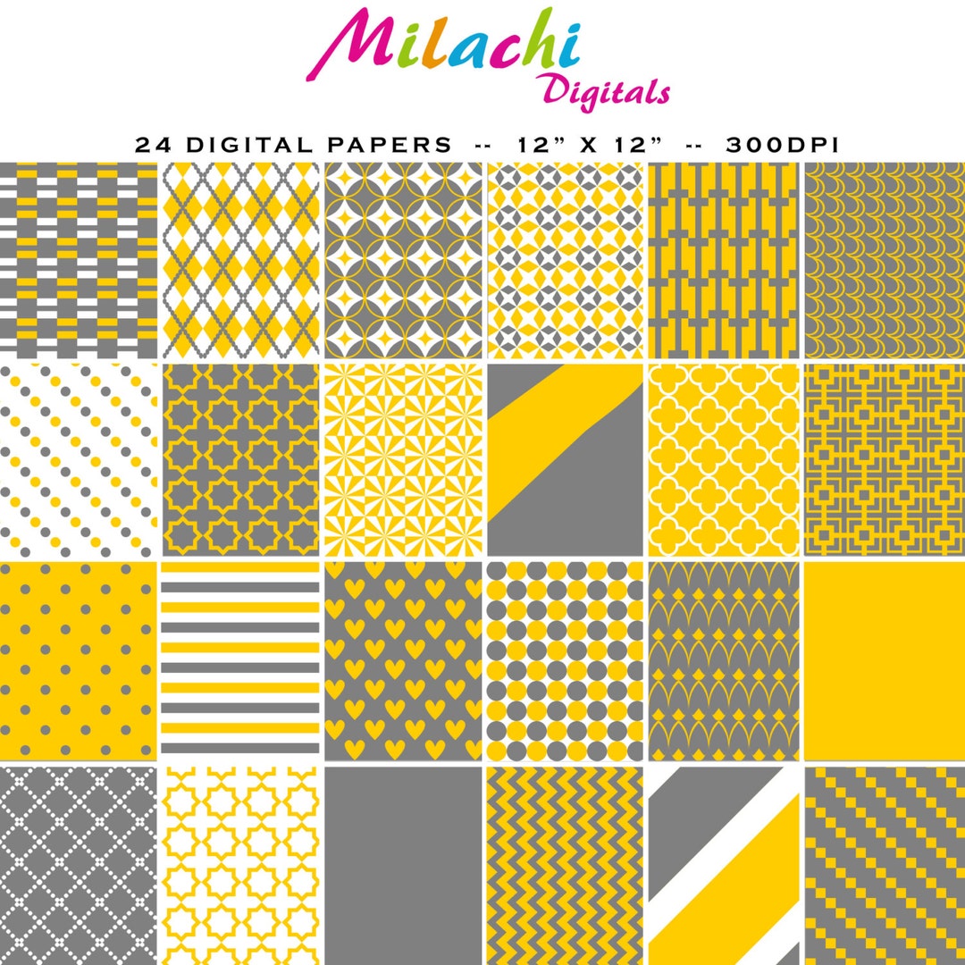 Gray and Tangerine Yellow Digital Paper Pack, Scrapbook Papers ...